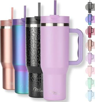 Milu Gobelet thermique 1200ml avec paille & anse, 24h glac&eacute; / 12h chaud Tumbler 40oz en acier inoxydable avec poign&eacute;e, isolant bouteille to go (Lilac, 1200