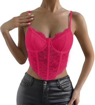 Generic D&eacute;bardeur basique pour femme - Chemisier d&eacute;contract&eacute; - Tunique Cami - Sexy - Dentelle florale - Maille - Corset - Bretelles spaghetti - Haut pour sort