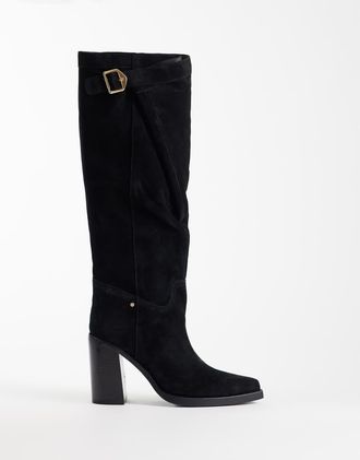 Bronx Mya-Mae - Kniehohe Stiefel aus Wildleder in Schwarz mit Blockabsatz