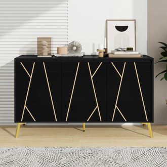Generic LZPOUOI Sideboard Kommode Schwarz 3 T&uuml;ren Anrichte mit griffloser Front Buffetschrank in modernem Linien-Design K&uuml;chenschrank aus MDF Stabil Beistells