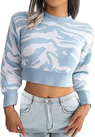 Generic 2026 Printemps Femmes Haut court manches longues motif tigre c&ocirc;tel&eacute; nombril tricot slim fit d&eacute;contract&eacute; solide pull pull, bleu, M