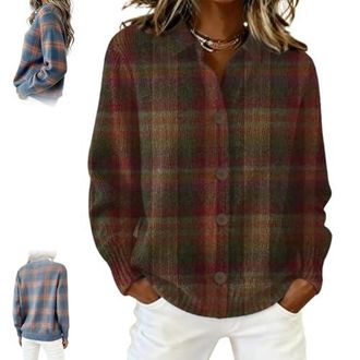 Generic Cardigan boutonné décontracté en coton pour femme, imprimé à carreaux, pour lhiver, Noël, col court, cardigan à carreaux, Couleur 8, XL