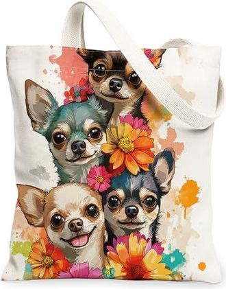 Generic Sac fourre-tout en toile motif chihuahua printanier pour faire du shopping, 33 x 38,1 cm, sac &agrave; bandouli&egrave;re r&eacute;utilisable pour femme, peinture danimal 