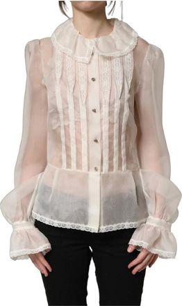 Dolce & Gabbana Femme, Blouses et Chemises, Blanc, Taille: 36 FR Blouse Boutonn&eacute;e en Soie Transparente &agrave; Volants