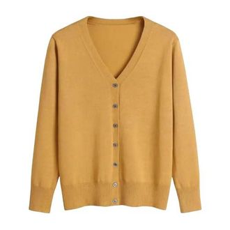 Generic Cardigan en tricot &agrave; col en V pour femme avec bordure c&ocirc;tel&eacute;e &agrave; manches longues simple boutonnage &eacute;l&eacute;gant, jaune fonc&eacute;, Taille XL