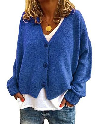 Minetom Femme Cardigan Manches Longues L&acirc;ch&eacute; Veste Courte Gilets en Tricot Chandail El&eacute;gant Automne Bouton Blouson Outwear Haut Top Bleu 44