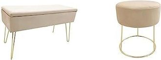 Echtwerk Sitzbank Scarlett mit Stauraum und Metallbeinen, runder gepolsteter Sitzhocker Marilyn mit Samtbezug, Creme