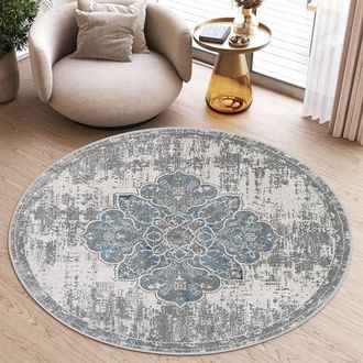 Tapiso Valley Rond Tapis Poil Court Vintage Bleu Gris Cr&egrave;me Mouchet&eacute; Floral Bordure Tapis Salon Chambre Adulte Salle &agrave; Manger Bureau Oeko-TEX R&eacute;sistant 120 x
