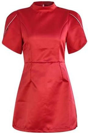 Generic Robes amincissantes &agrave; la mode demi-col haut robe &agrave; manches courtes jupe d&eacute;taill&eacute;e noeud taille mince 2026, Rouge, S