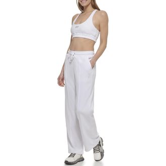 DKNY Womens Tonal Stacked Logo Pintuck Wide Leg Sweatpants, White, M