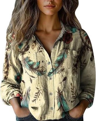 Generic Chemisier &agrave; manches longues pour femme - Col en V - Boutonn&eacute; - Style vintage - Style boh&egrave;me - Motif floral - T-shirt &agrave; manches longues - Chemisier d&eacute;t