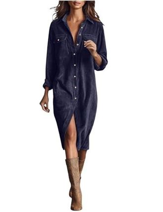 Generic Robe droite pour femme, robe chemise boutonn&eacute;e en velours c&ocirc;tel&eacute;, robe d&eacute;contract&eacute;e &agrave; revers avec poches, bleu marine, XXL