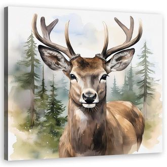 Feeby Leinwand Bilder - Hirsche Waldbäume - Canvas 60x60 cm - Deko Wohnzimmer - Wandbilder Schlafzimmer - Deko Aesthetic - Wand Deko - Leinwand Groß - Deko 