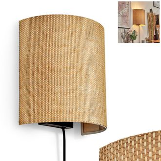 HOFSTEIN Wandleuchte Viadores, Wandlampe aus Metall/Bast in Schwarz/Natur, Leuchte im Boho-Design, Wandleuchte mit Stecker und Schalter, abnehmbares Kabel, UP 
