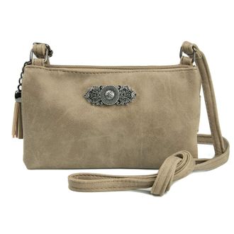 Enzianblau Trachten: Tasche in Leder-Optik mit Ornamentbrosche, Trachtencluch, Oktoberfest Tasche zum Dirndl (Taupe)