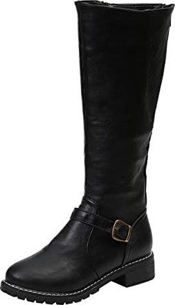 E.SSUE Bottes Mollets Larges Plates Sexy Boots Femme Cuir Moto Vintage Boot Equitation Bottes dhiver Confortables Santiags Haute Botte Femmes Bottes Bottines
