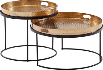 WOHNLING Couchtisch 2er Set Gold/Schwarz Metall Hammerschlag Satztisch Rund, Sofatisch abnehmbares Tablett, Tabletttisch Sofa 2 teilig Modern, Runder Beistellt