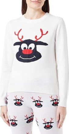 Only Onlxmas Reindeer Ls O-Neck Box KNT Pull Tricot&eacute;, Cloud Dancer/Motif : Sky Nuit/Chili Pepper, S Femme