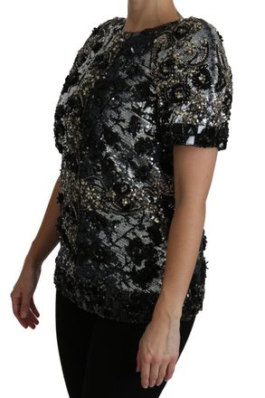 Dolce & Gabbana Womens Black Sequined Crystal Embellished Top Blouse