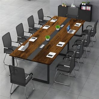 Generic Gro&szlig;er Besprechungstisch mit Kabelkanal, gro&szlig;er Konferenztisch for viele Personen, schwarzes Metallgestell, Holzdesign, einfache Montage(Retro+Negro,2