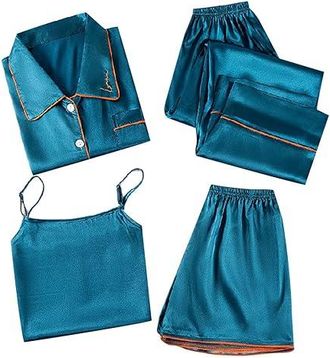 Generic Ensemble de pyjama 4 pi&egrave;ces en satin de soie pour femme - Ensemble de pyjama 4 pi&egrave;ces - Pyjama &agrave; manches courtes - V&ecirc;tements de nuit &agrave; manches courtes