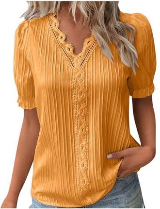 Generic Chemises tendance et &eacute;l&eacute;gantes en dentelle &agrave; manches courtes d&eacute;t&eacute; 2025 avec d&eacute;coupe brod&eacute;e et col en V pour femme - Couleur unie - Tenue d&eacute;contract&eacute;e 