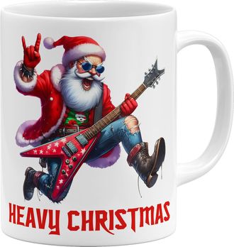OM3 Heavy Christmas Kaffee-Tasse Lustige Weihnachtstasse f&uuml;r Rocker & Heavy Metal Fans - Santa und E-Gitarre - Keramik Becher - 325ml - Beidseitig Bedruck