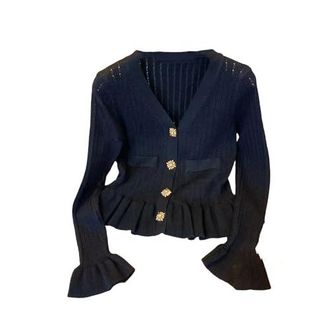 Generic Cardigan tricot&eacute; pr&eacute;coce pour femme - Motif trompette et feuille de lotus, noir, Taille XS