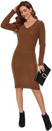 Ever-pretty Robe Pull Casual Femme Longue Hiver Manches Longues Moulante Col V Chic Marron M