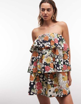 Asos Robe bandeau courte &agrave; volants et imprim&eacute; fruits-multicolore