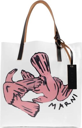 Marni bird-print leather tote bag - Rosa