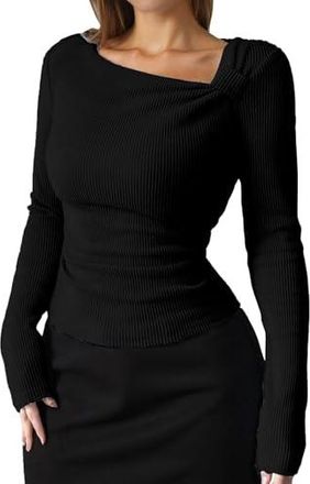 Generico Pull pour femme couleur unie avec d&eacute;collet&eacute; asym&eacute;trique sans bretelles, coupe ajust&eacute;e, couleur claire, manches longues, manchette en tricot, chemisier