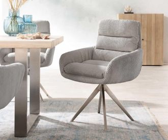 DELIFE Esszimmerstuhl Abelia-Flex mit Armlehnen Cord Silbergrau Kreuzgestell kantig Edelstahl, Esszimmerstühle