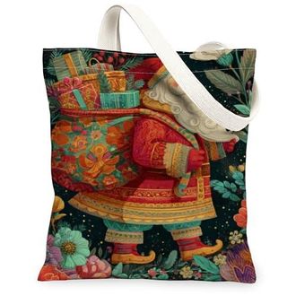 Generic Sacs fourre-tout en toile motif floral de Père Noël, sacs dépicerie réutilisables, légers et lavables avec bandoulière, Rouge, 13x15 Inch
