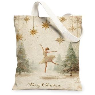 Generic Sacs fourre-tout en toile avec &eacute;toiles de No&euml;l, motif ballet, sacs r&eacute;utilisables, l&eacute;gers et lavables avec bandouli&egrave;re en toile pour voyage, beige, 13x