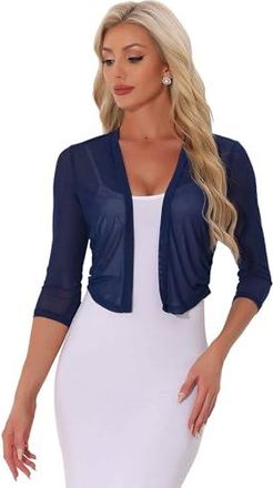 Allegra K Boléro en Mousseline de Soie pour Femme, Manches 3/4, Ouvert sur Le Devant, boléro en Maille Transparente.Bleu foncé XL