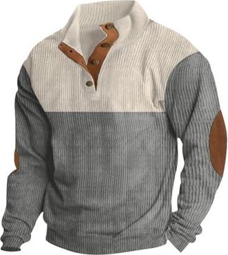 Generic Sweat-shirt uni &agrave; manches longues en velours c&ocirc;tel&eacute; pour homme - Mode automne 2025 - Bouton patch - Couleur unie - T-shirt &agrave; manches longues - Tenue d