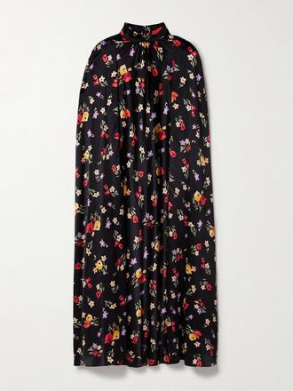 Rodarte Midikleid Aus Seiden-charmeuse Mit Blumenprint Und Cape-effekt - Schwarz