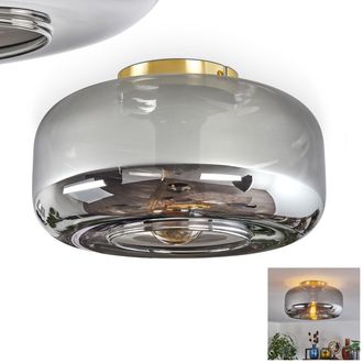HOFSTEIN Deckenleuchte Boza, Deckenlampe aus Metall/Glas in Messing/Rauchfarben/Chromfarben, Leuchte im modernen Retro/Vintage-Design mit Schirm aus Glas (Ø 28