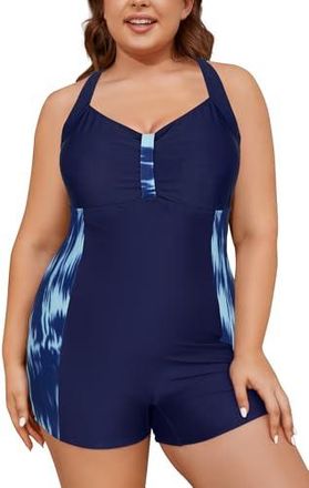 SHEKINI Rash Guard Maillot de Bain Grande Taille Gainant Boyleg Maillot de Bain Grande Taille Femme 1 Piece(3XL, Bleu Fonc&eacute;)