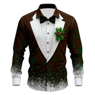 Generic Chemise de Noël fantaisie pour homme avec imprimé Père Noël à manches longues - Robe boutonnée amusante - T-shirt de vacances - Haut de travail extens