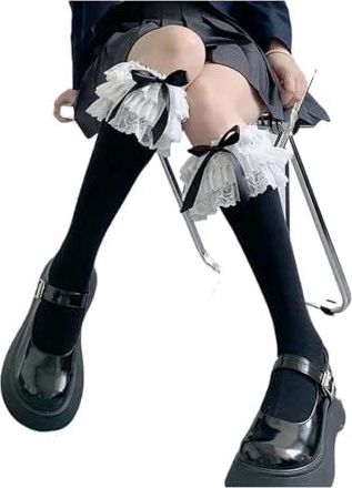 Generico Chaussettes hautes au genou avec noeud style mignon avec garniture en dentelle, Noir, Taille Unique