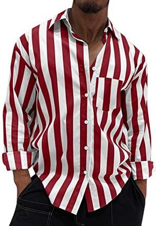 Generic Chemisier à manches longues et à poches pour homme avec imprimé rayé décontracté, Rouge, XXL