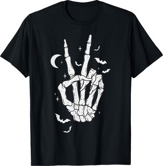 Trendy Apparel Skeleton Hand Peace Sign Crescent Moon Bats T-Shirt