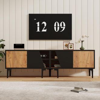 Generic QXJVA TV-Schrank 160 cm Naturholz Optik & Schwarz Lowboard Stabil mit Diagonalen T&uuml;ren & 7 St&uuml;tzbeinen f&uuml;r Fernseher bis 65 Zoll im Wohnzimmer TV Stan