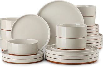 Malacasa Geschirrset 8 Personen, 24-tlg Hellgrau & Braun Tafelservice aus Porzellan, Dinnerware Set mit je 8x Dinnerteller, 8x Dessertteller, 8x Müslischalen, 