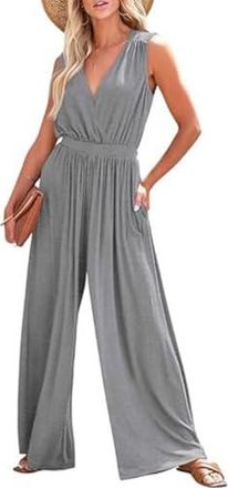 Onsoyours Combinaison Femme Élégant Festif Long Overall Sans Manches Jumpsuit Décontractée Taille Haute Jambes Larges Pantalon Business Romper De Vacances Plage