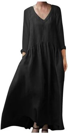 Generic Robe longue plissée en lin avec col en V pour femme, coupe décontractée, pour lautomne et lété 2024, U-827 Noir, XL