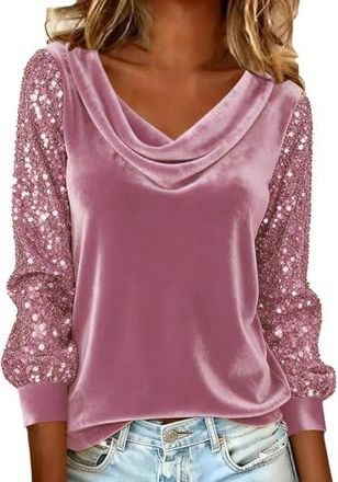 Generic T-shirt cascade pour femme - &Eacute;l&eacute;gant - Manches longues - Paillettes - Pull ample - Tunique ample - T-shirt &agrave; manches longues - Haut festif - Haut &agrave; pa