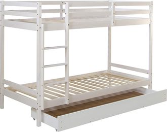 Homestyle4u 1432, Etagenbett 90x200 cm 2 Kinder mit Stauraum Kinderbett Weiß Bettgestell mit Treppe Bettkasten Kiefer